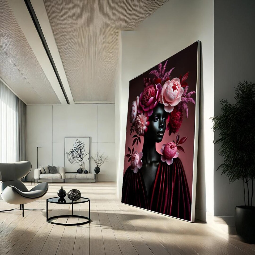 African Woman Floral Canvas, Elegant Black Art Portrait, Modern Luxury ...