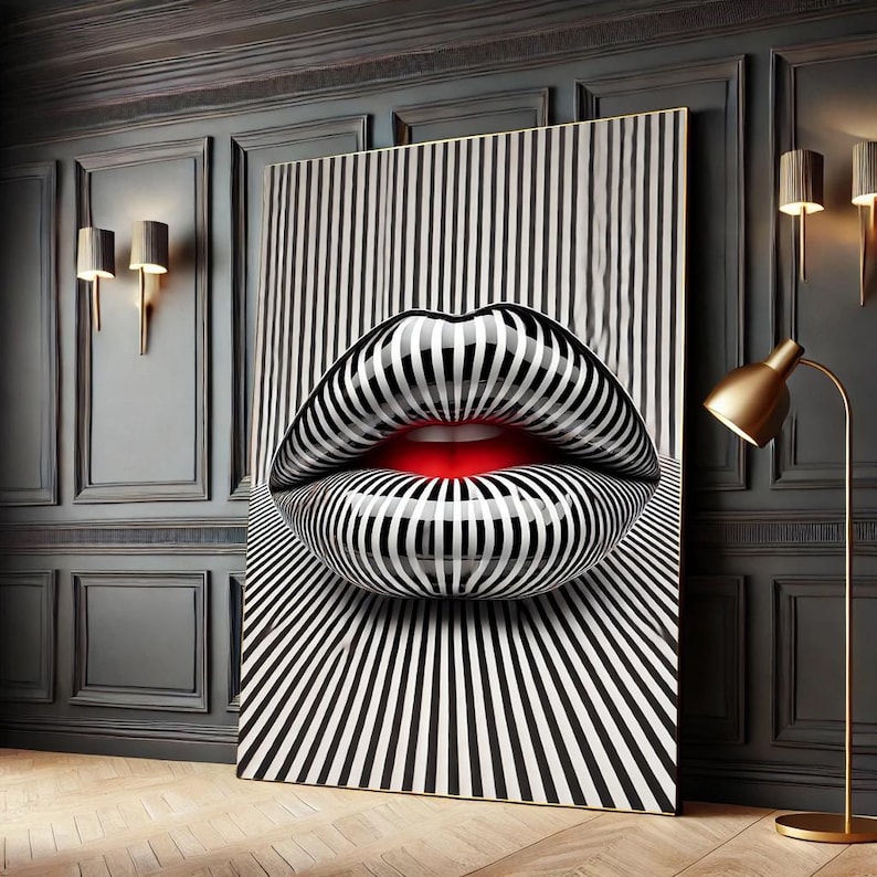 Optical Illusion Lips Canvas, 3D Pop Art, Black and White Surrealism - Etsy