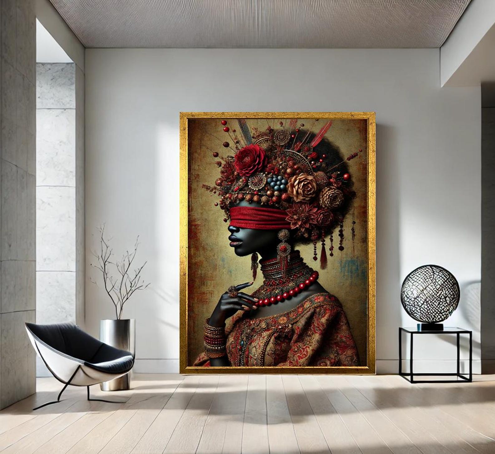 African Queen Gold & Red Wall Art - Cultural Portrait Canvas, Regal ...