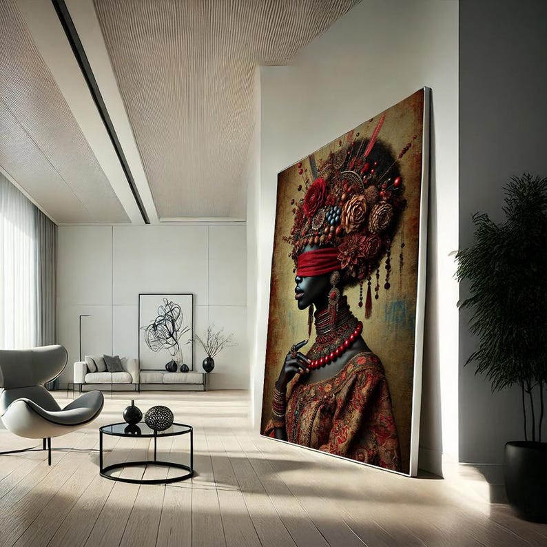 African Queen Gold & Red Wall Art - Cultural Portrait Canvas, Regal ...
