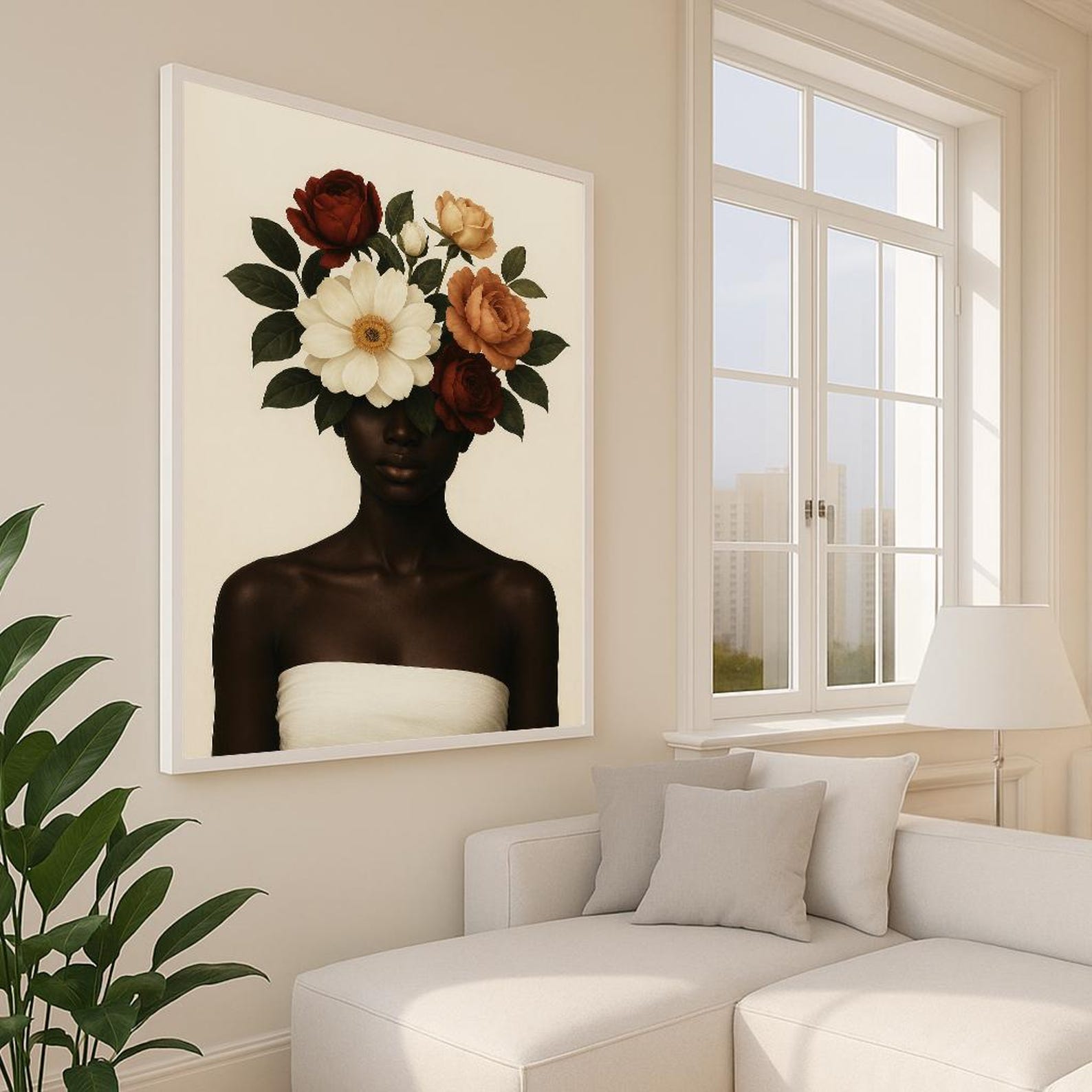 Floral Woman Portrait Canvas, Minimal Botanical Wall Art Print, Ready ...