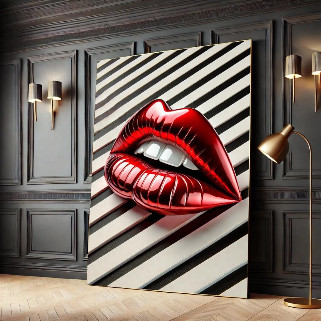 3D Red Lips Canvas, Modern Pop Art Print, Optical Illusion Wall Art ...