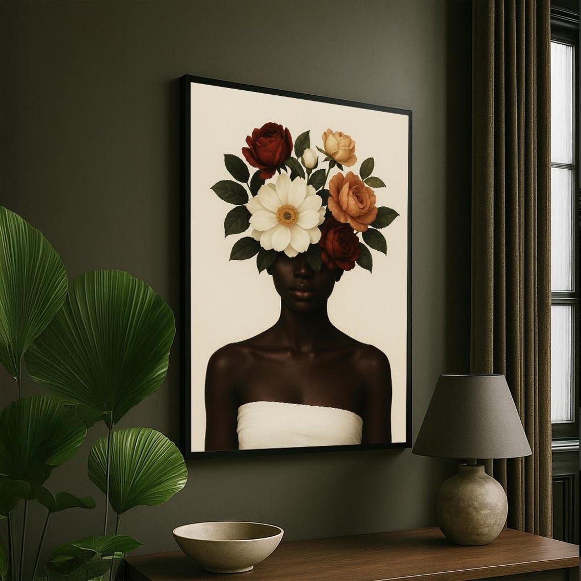 Floral Woman Portrait Canvas, Minimal Botanical Wall Art Print, Ready ...