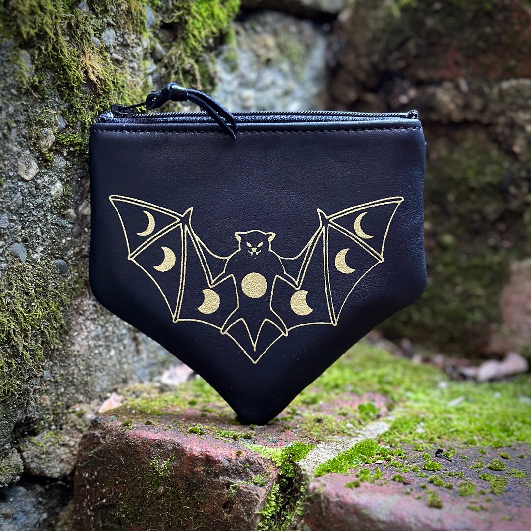 Black Leather Bat Pouch, Bat Zip Pouch, Moon Phase Zip Pouch - Etsy