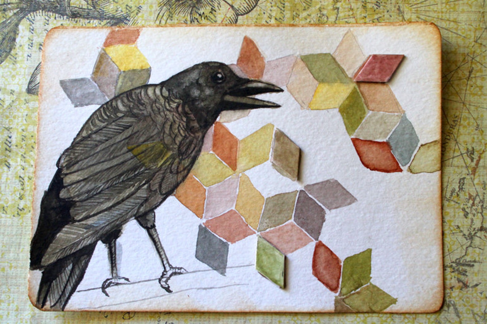 Original Watercolour Geometric Crow Painting Fragmented - Etsy