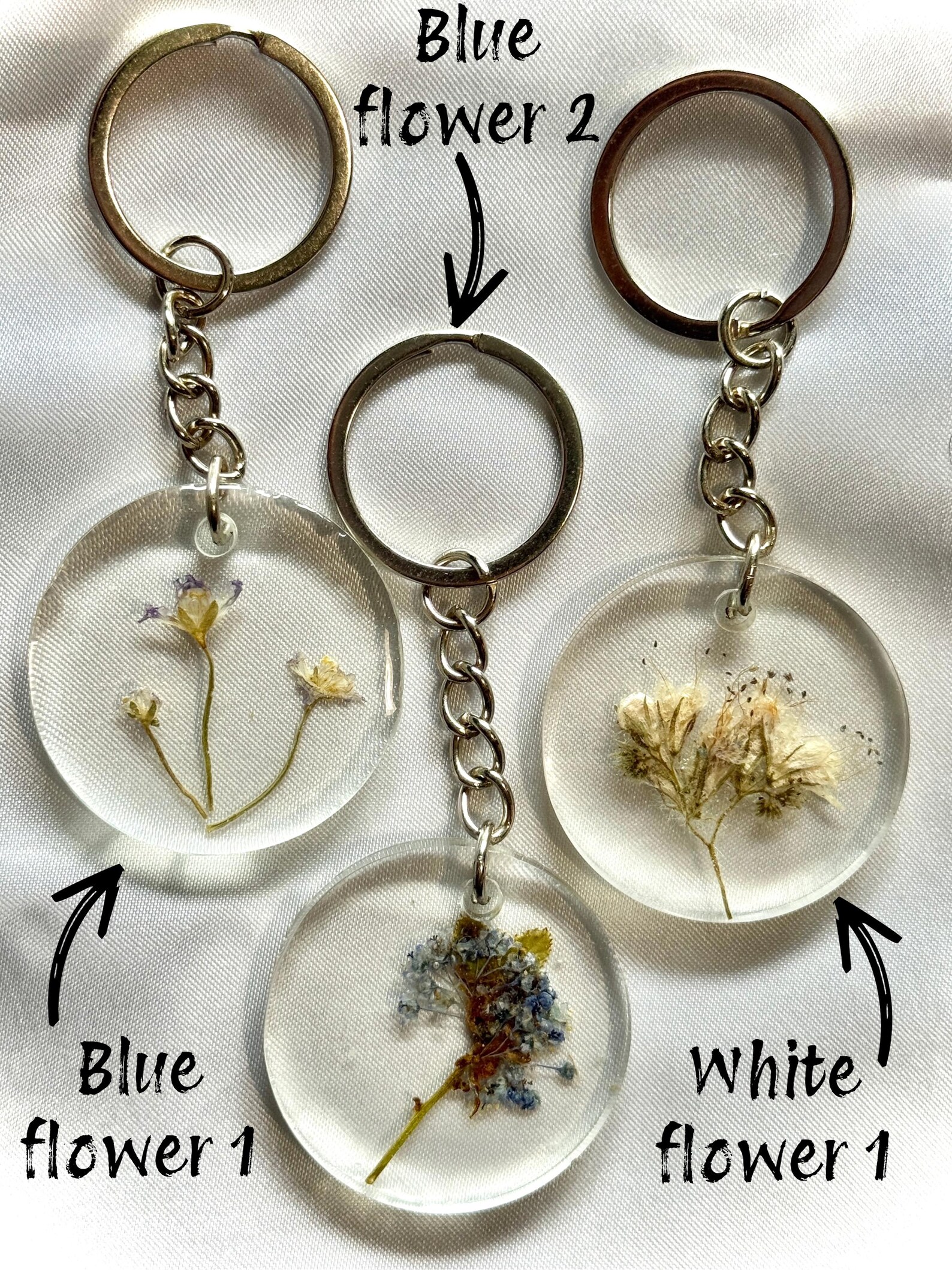 Handmade Epoxy Resin Flower Keyring: Real Dried Pressed Flowers, Gold ...