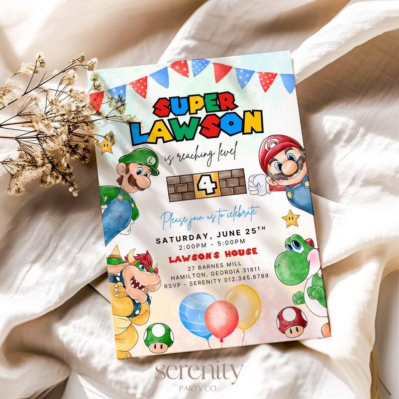 Watercolor Super Mario Birthday Invitation, ANY AGE Nitendo Boy Girl ...
