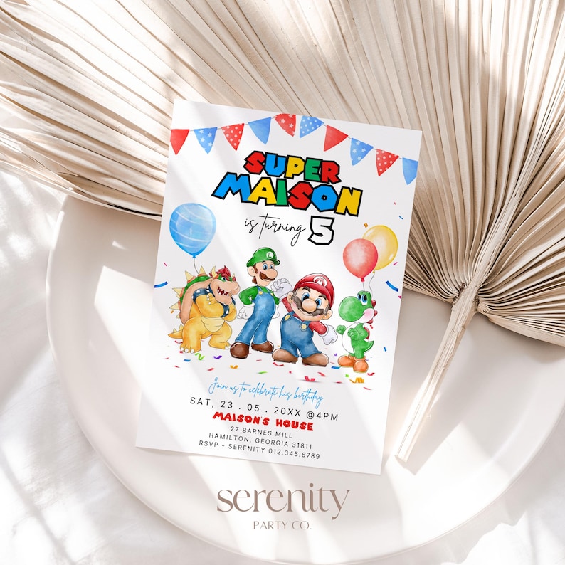 Watercolor Super Mario Birthday Invitation, ANY AGE Nitendo Boy Girl ...