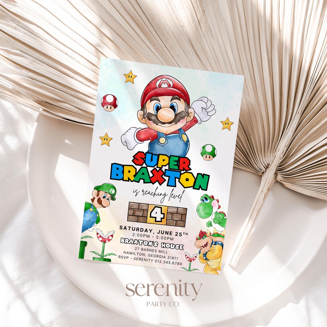 Watercolor Super Mario Birthday Invitation, ANY AGE Nitendo Boy Girl ...