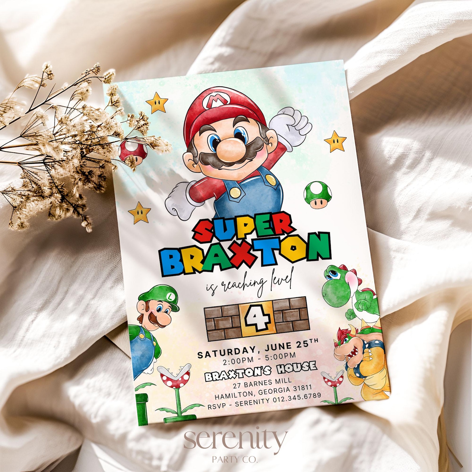 Watercolor Super Mario Birthday Invitation, ANY AGE Nitendo Boy Girl ...