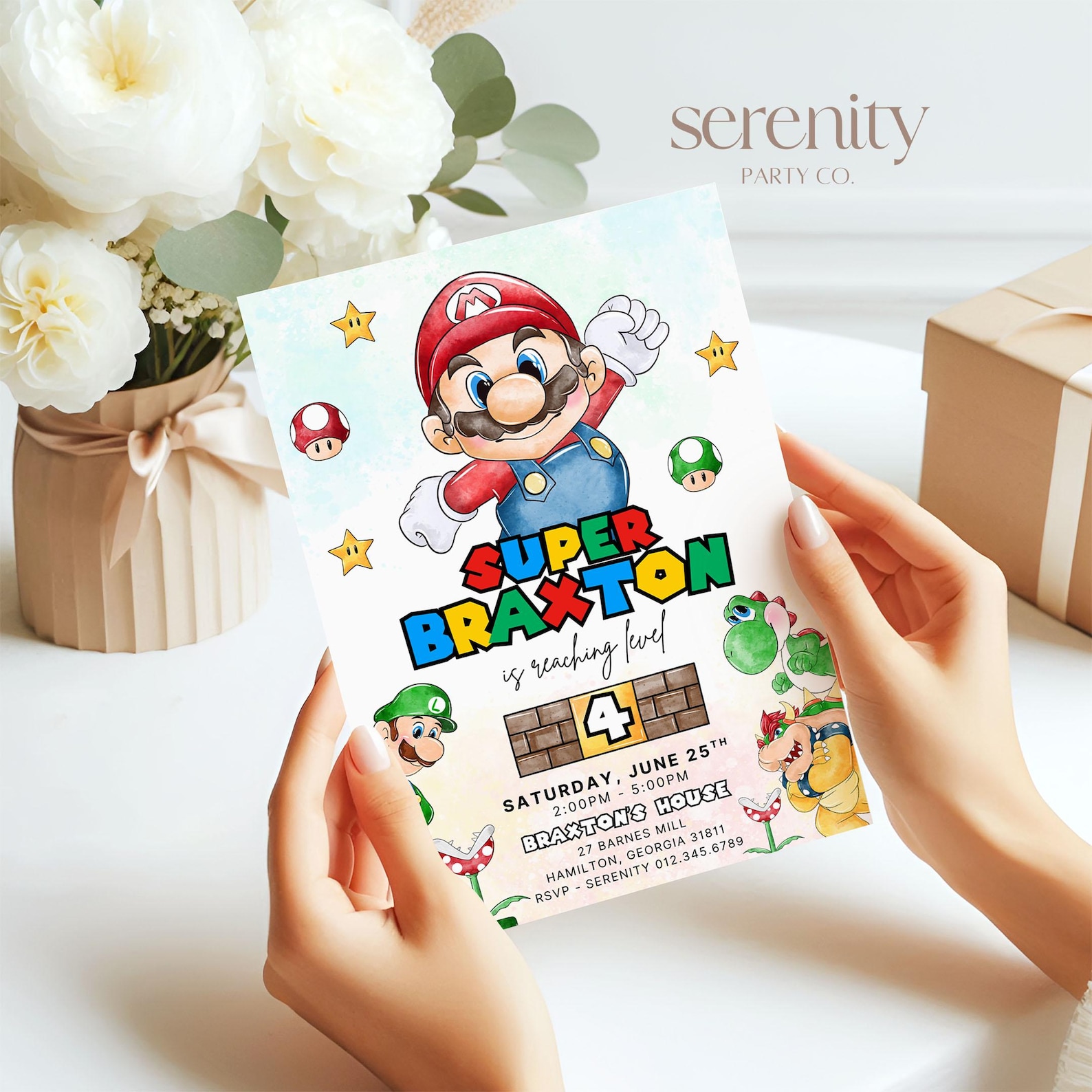 Watercolor Super Mario Birthday Invitation, ANY AGE Nitendo Boy Girl ...