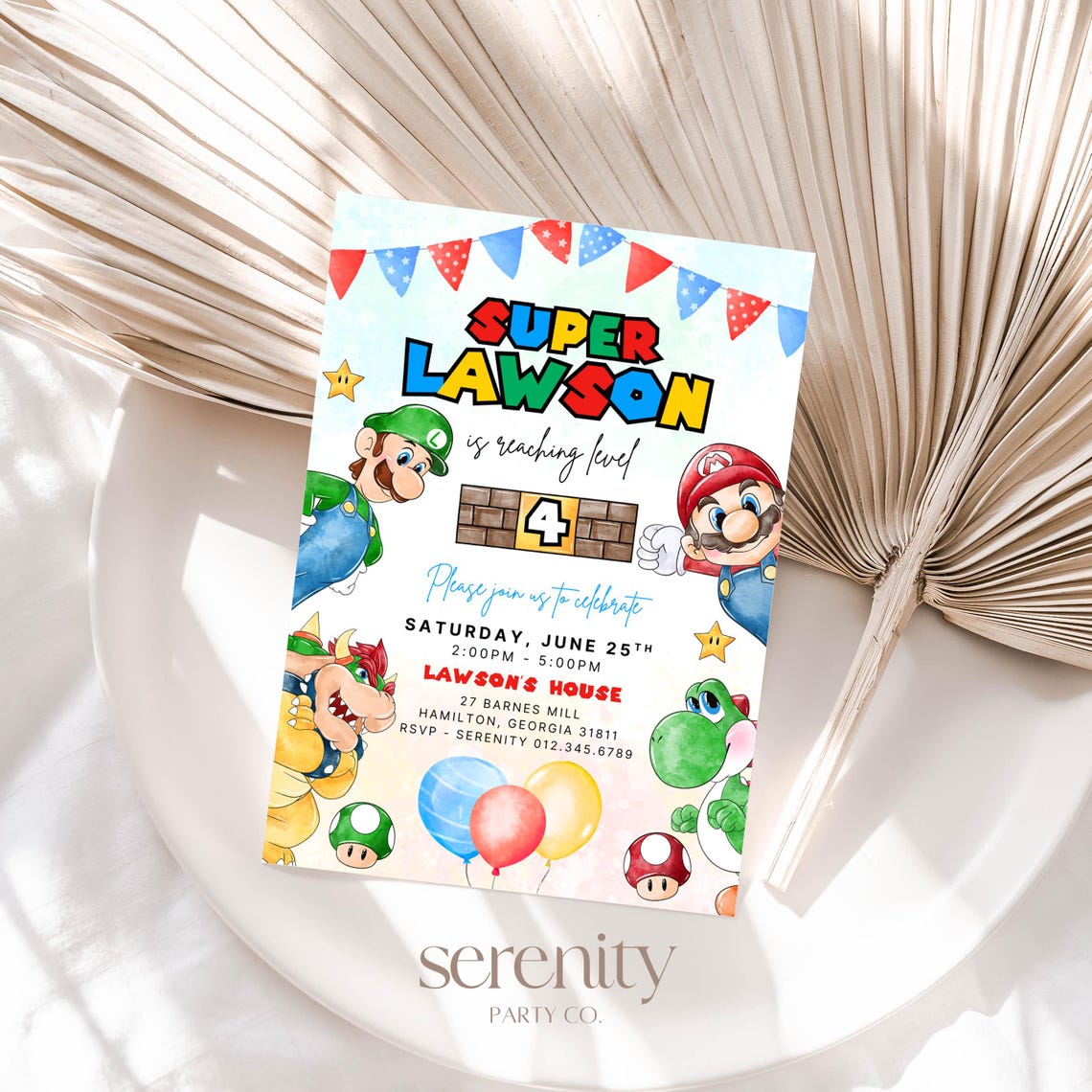 Watercolor Super Mario Birthday Invitation, ANY AGE Nitendo Boy Girl ...