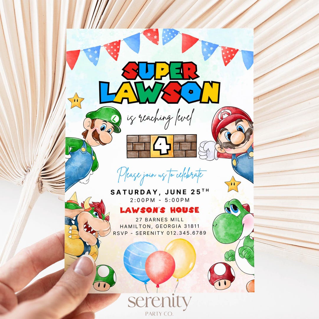 Watercolor Super Mario Birthday Invitation, ANY AGE Nitendo Boy Girl ...