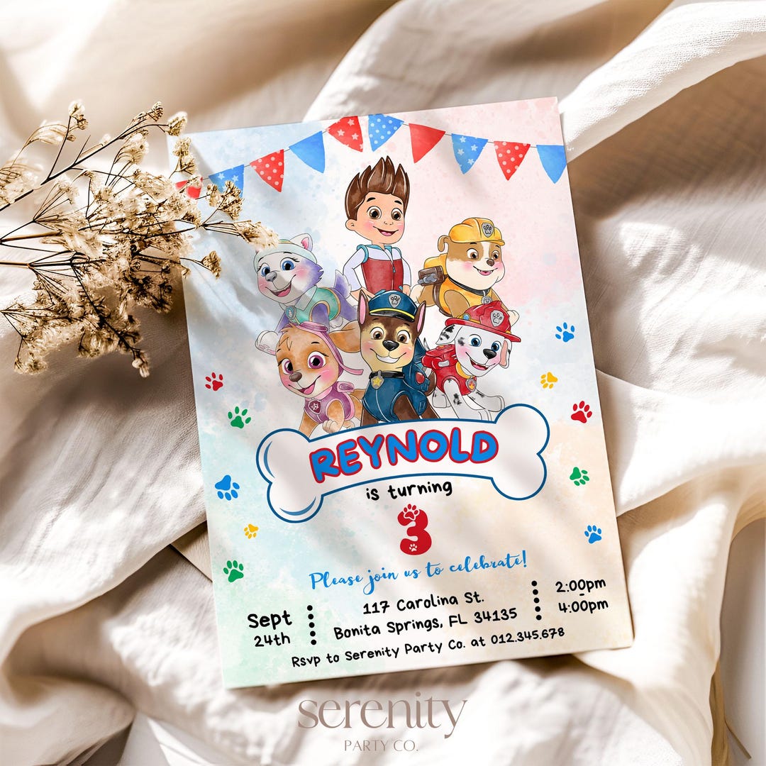 ANY AGE Watercolor Paw Dog Birthday Invitation, Paw Patrol Birthday ...