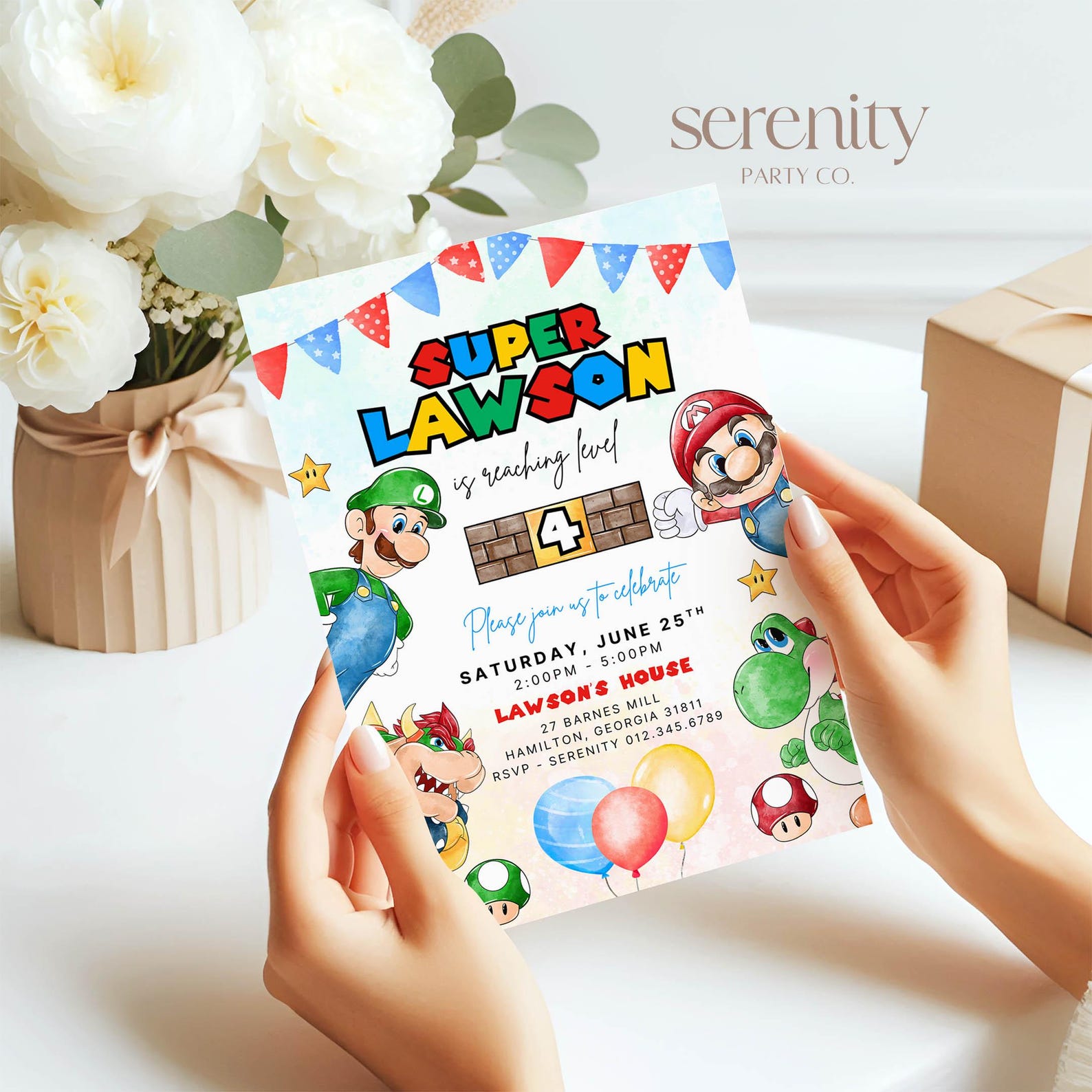 Watercolor Super Mario Birthday Invitation, ANY AGE Nitendo Boy Girl ...