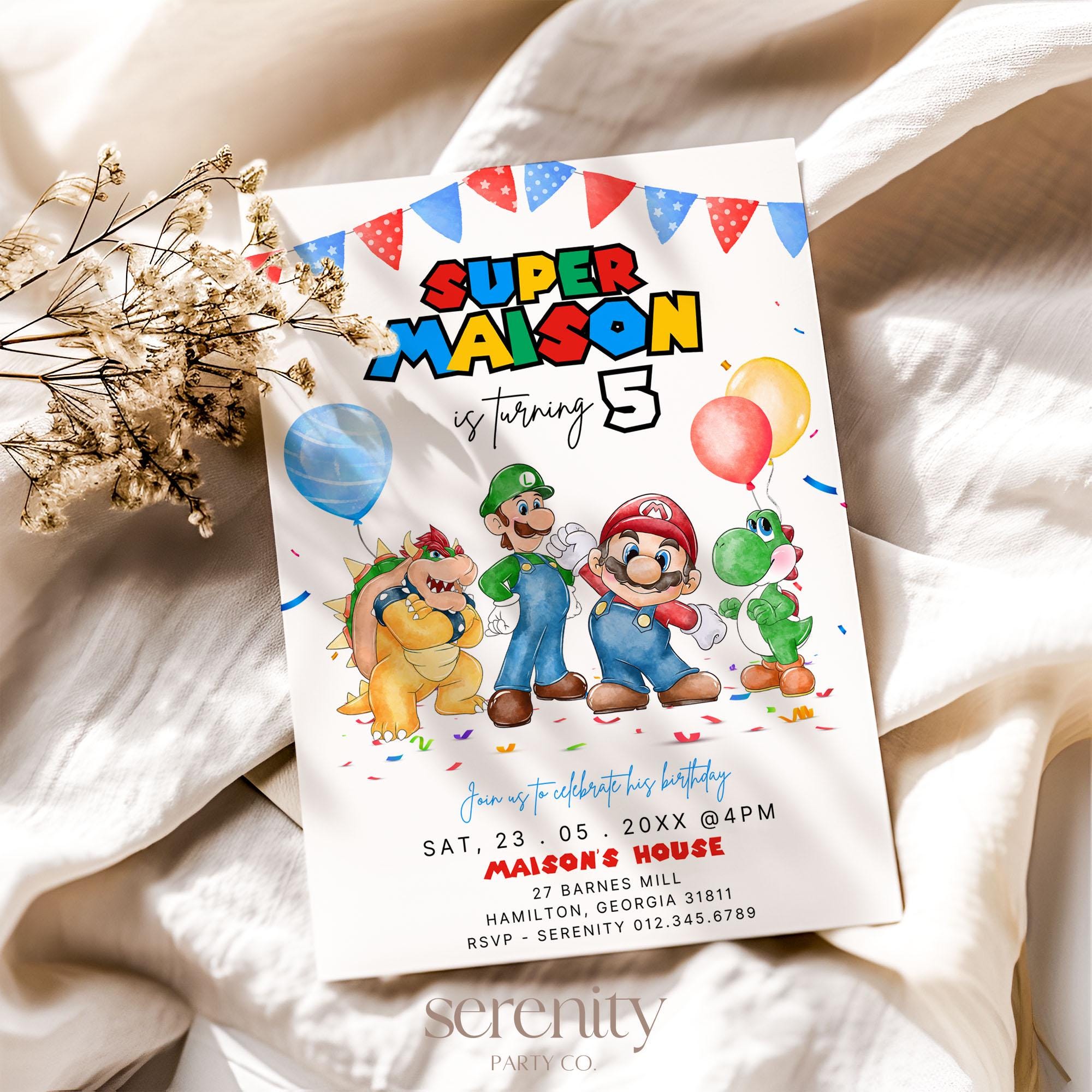 Watercolor Super Mario Birthday Invitation, ANY AGE Nitendo Boy Girl ...
