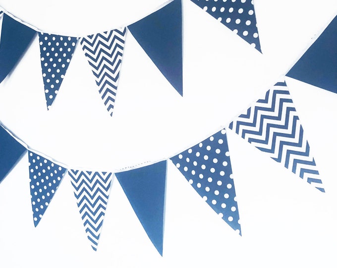 Bunting, Banner, Pennant Fabric Flags, Baby Shower Navy, White, Polka ...