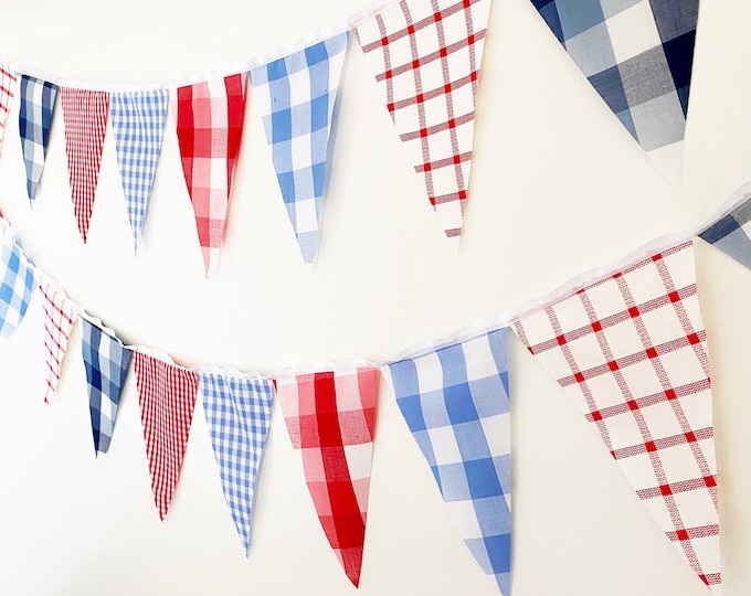 Picnic Gingham Banner, Bunting, Red, White and Blue Fabric Pennant ...