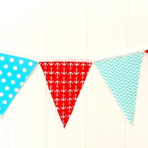 Nautical Party Banner, Bunting, Fabric Pennant Flags, Aqua Blue, Red ...