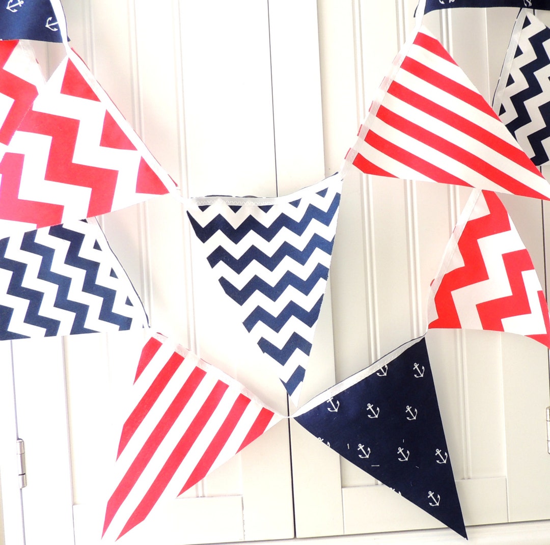 Nautical Party Banner, Bunting, Fabric Pennant Flags, Navy, Red, White ...