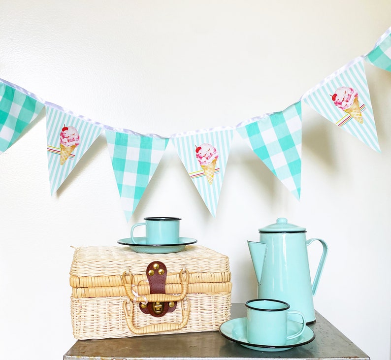 Ice Cream Picnic Party Gingham Banner Mint Bunting Vintage - Etsy