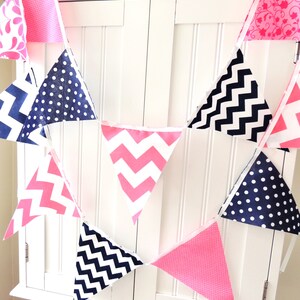Banner Bunting Pennant Fabric Flags Navy Blue Pink Polka - Etsy