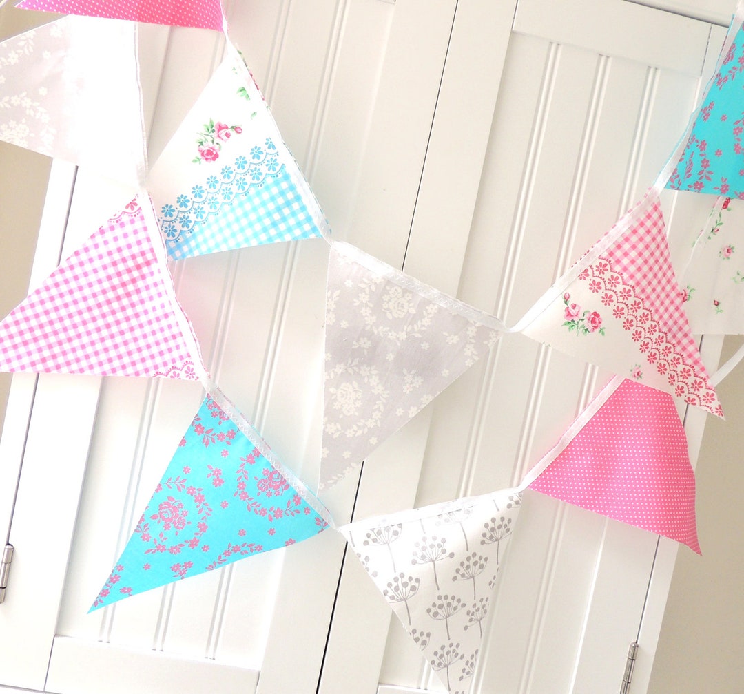 Shabby Chic Garland Fabric Banner, Bunting, Cotton Pennant, Aqua, Hot ...