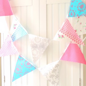 Shabby Chic Garland Fabric Banner, Bunting, Cotton Pennant, Aqua, Hot ...