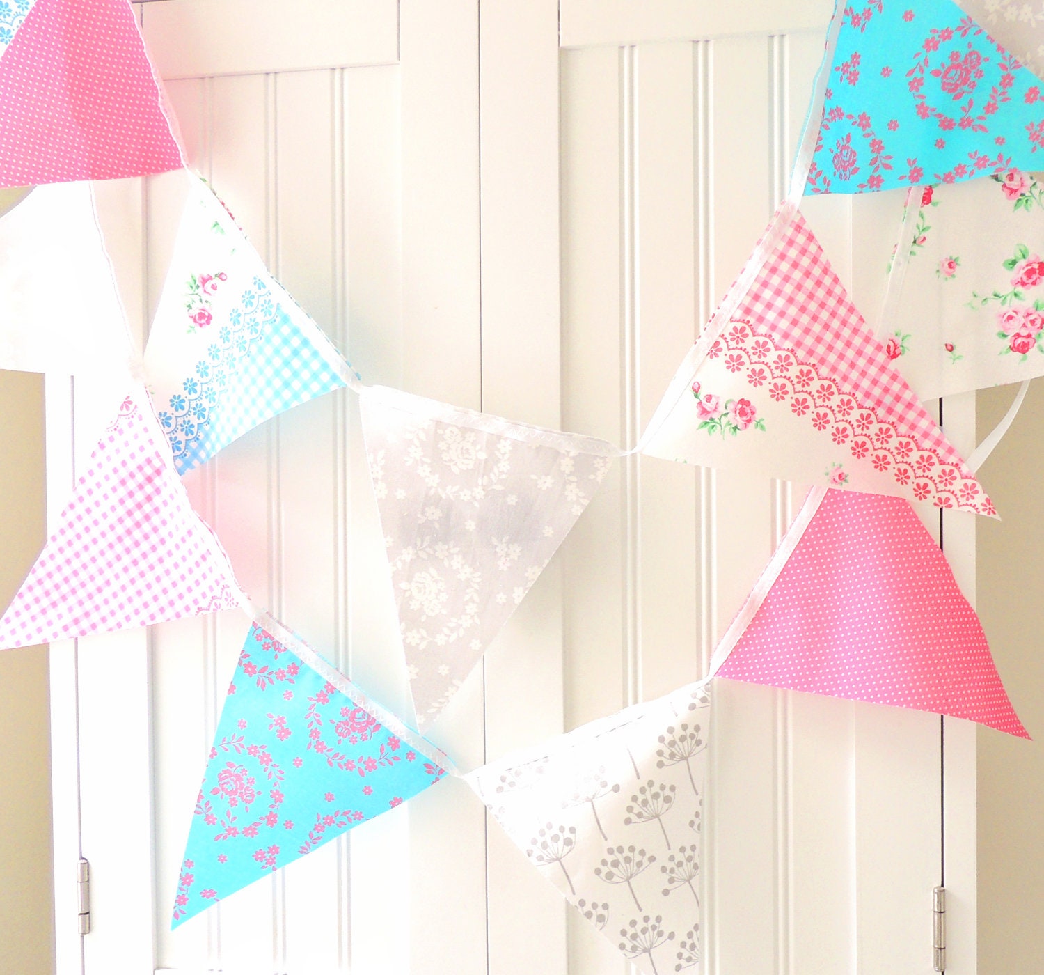 Shabby Chic Garland Fabric Banner, Bunting, Cotton Pennant, Aqua, Hot ...