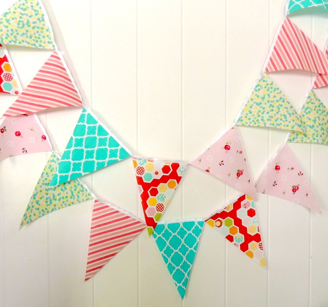 Fabric Banner, Bunting, Pennant Flags, Garland Turquoise, Pink, Mint ...