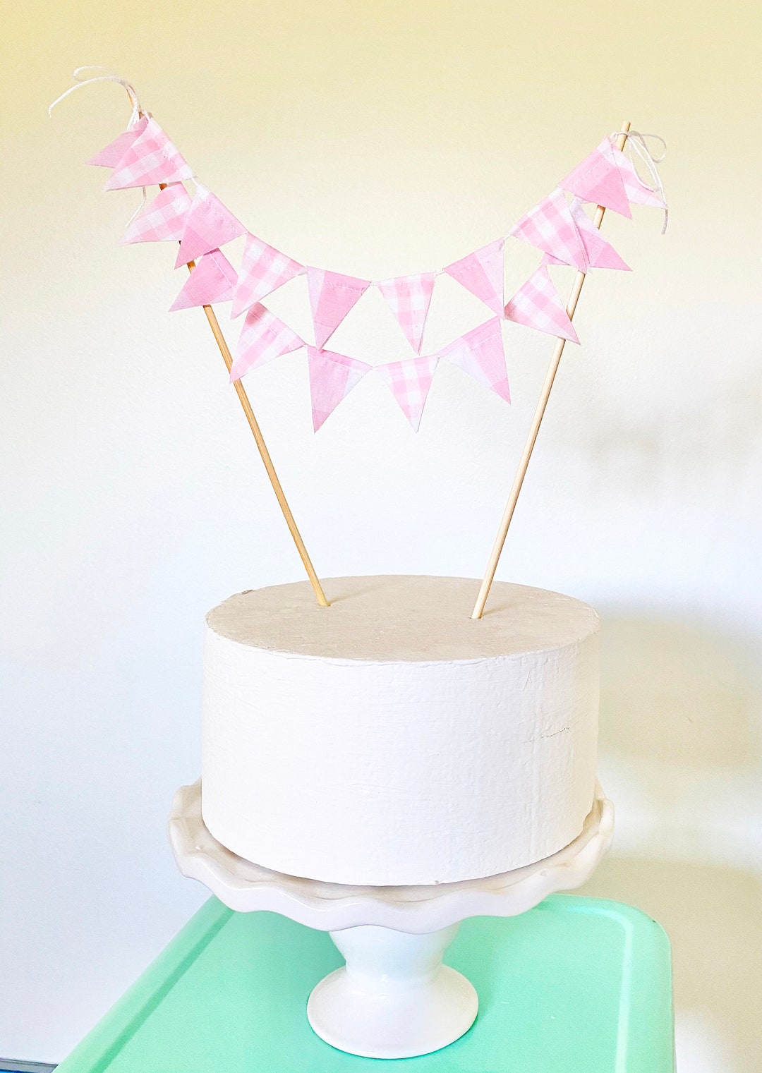 Birthday Party Cake Topper Banner, Fabric Pennant Flag Gingham Bunting ...