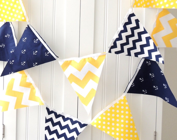 Nautical Banner Bunting, Fabric Pennant Flags, Navy Blue Anchor, Yellow ...