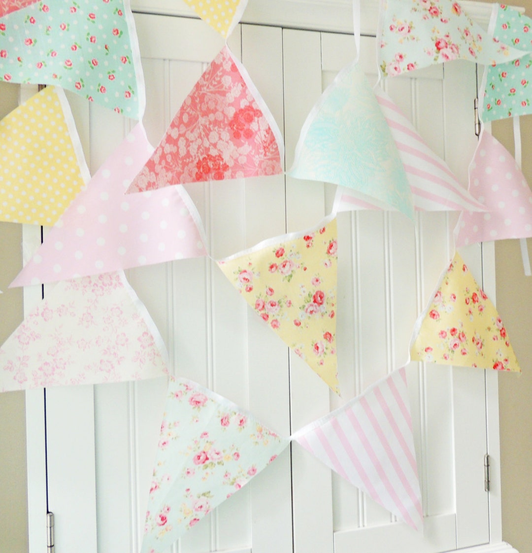 Shabby Chic Fabric Banner, Bunting, Pennant Flags, Pink, Blue, Aqua ...