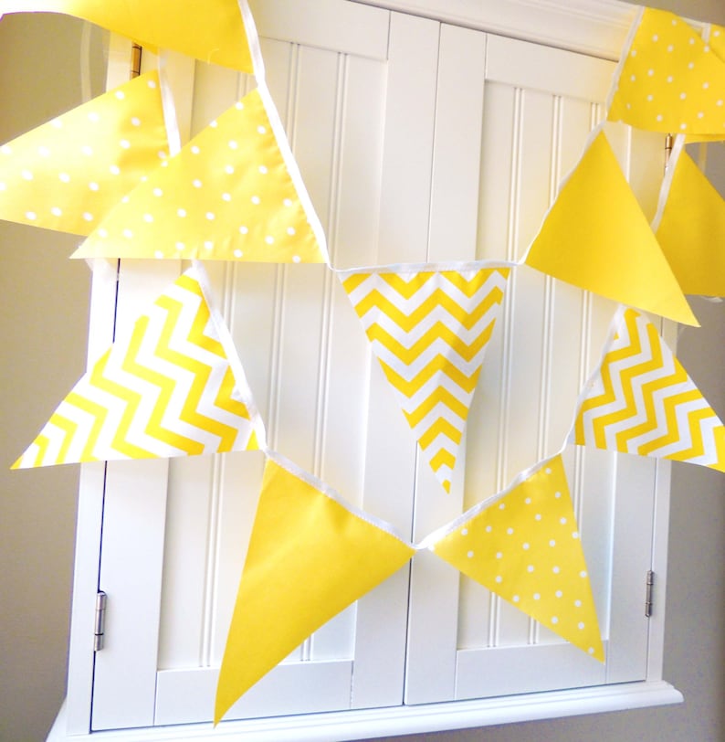 Bunting, Banner, Fabric Flags Garland Yellow and White, Polka Dot ...