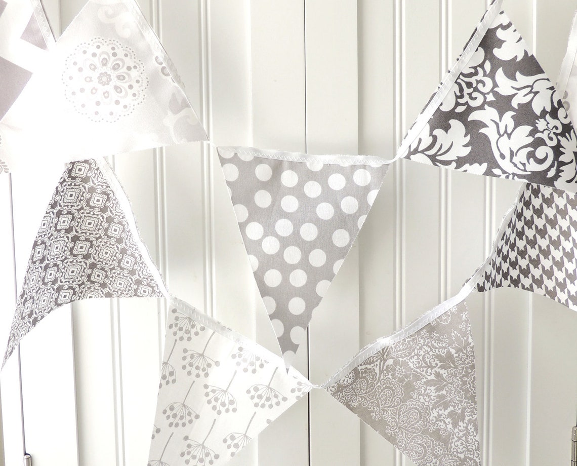 Banner Bunting Fabric Flags Garland Party Grey Polka Dot | Etsy