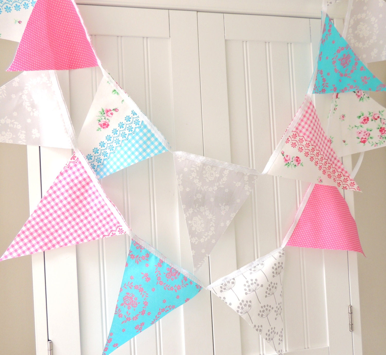 Shabby Chic Garland Fabric Banner, Bunting, Cotton Pennant, Aqua, Hot ...