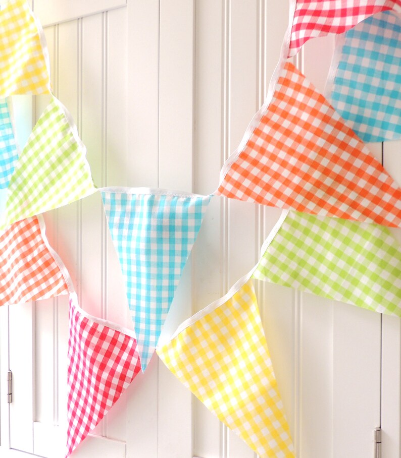 Gingham Banner Bunting Fabric Pennant Flags Lime Blue | Etsy