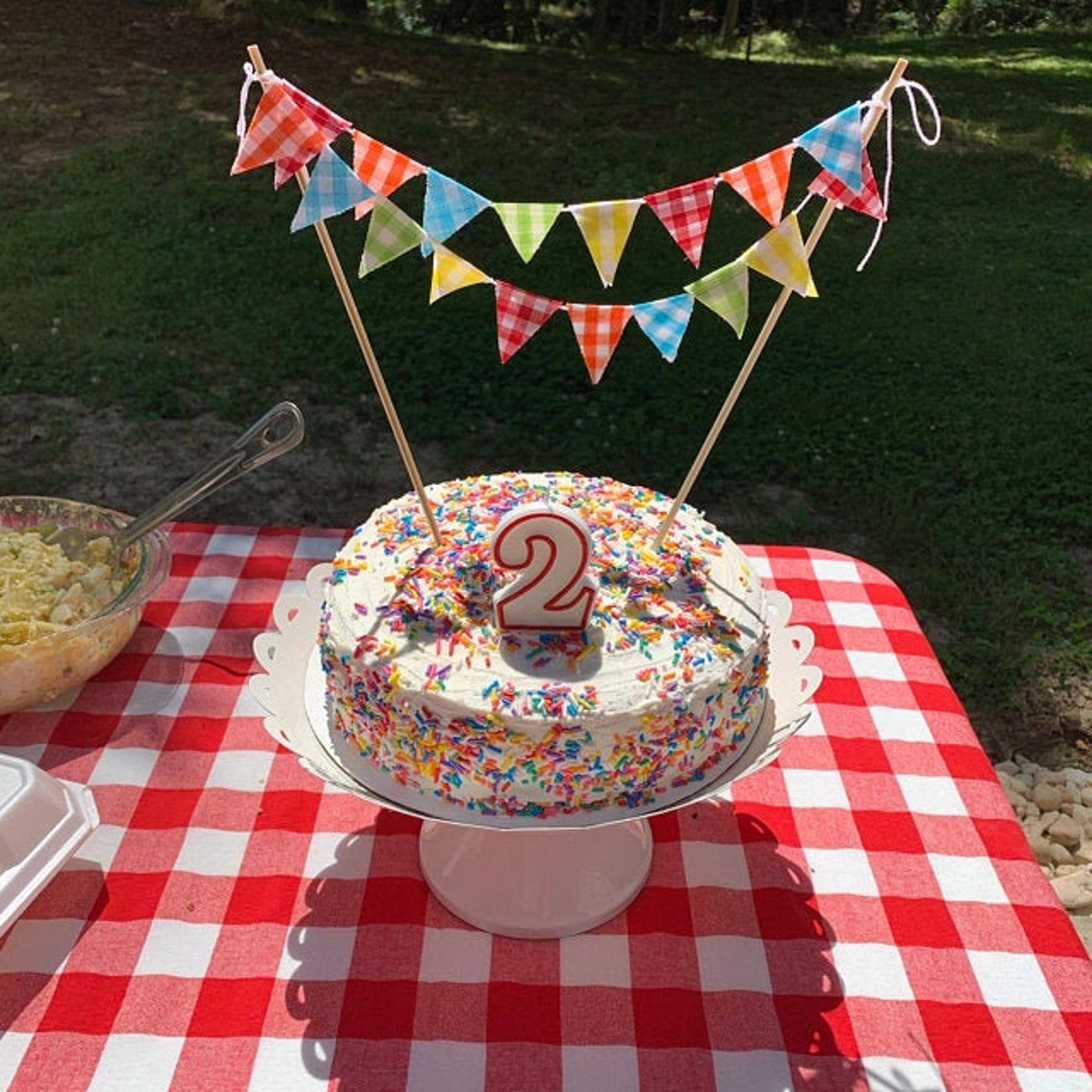 Gingham Cake Topper Birthday Party Banner, Mini Bunting, Red, Orange ...