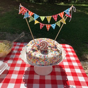 Gingham Cake Topper Birthday Party Banner, Mini Bunting, Red, Orange ...
