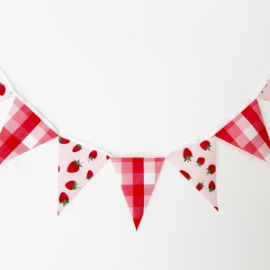 Strawberry Gingham Party Banner, Bunting, Pennant Flags, Strawberries ...