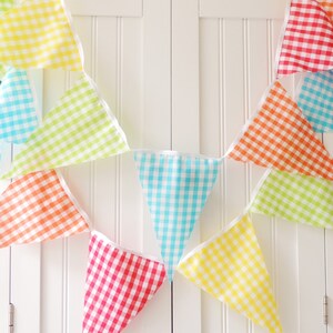 Gingham Banner, Bunting, Fabric Pennant Flags, Lime, Blue, Red, Orange ...
