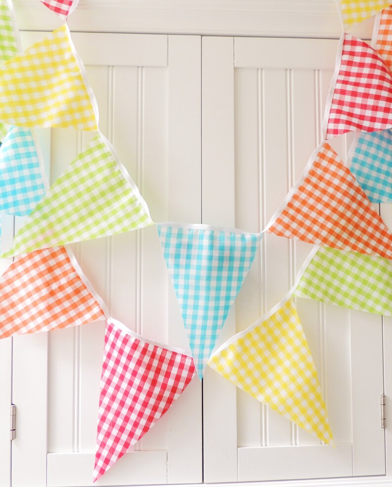 Gingham Banner Bunting Fabric Pennant Flags Lime Blue | Etsy