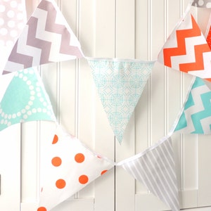 Baby Shower Banner, Bunting, Pennant Fabric Flags, Orange, Aqua, Grey ...