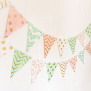 Metallic Gold, Pink, Mint, Fabric Banner Bunting, Pennant Flags ...