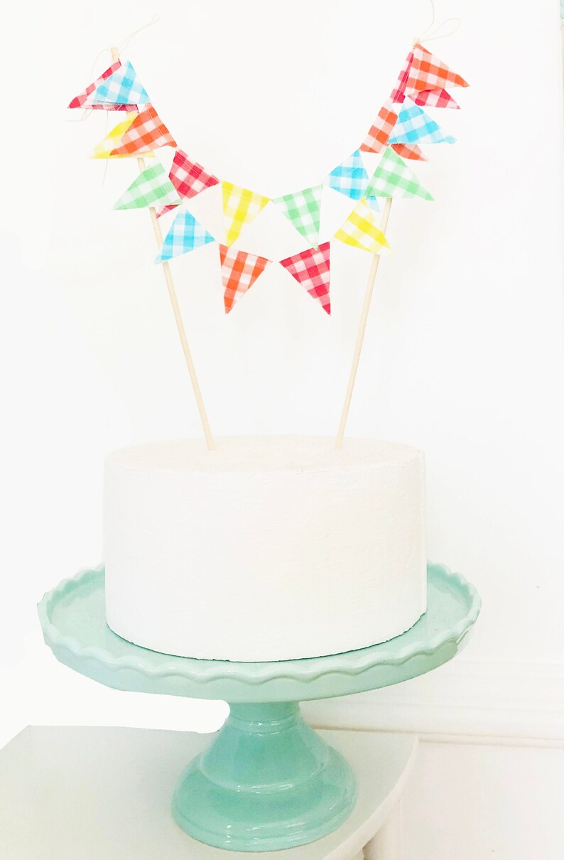 Gingham Cake Topper Birthday Party Banner, Mini Bunting, Red, Orange ...