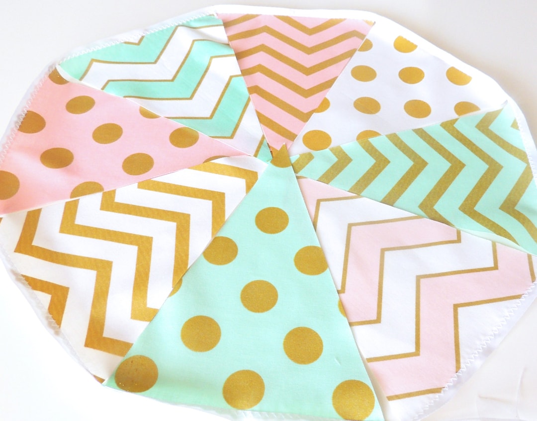 Metallic Gold, Pink, Mint, Fabric Banner Bunting, Pennant Flags ...