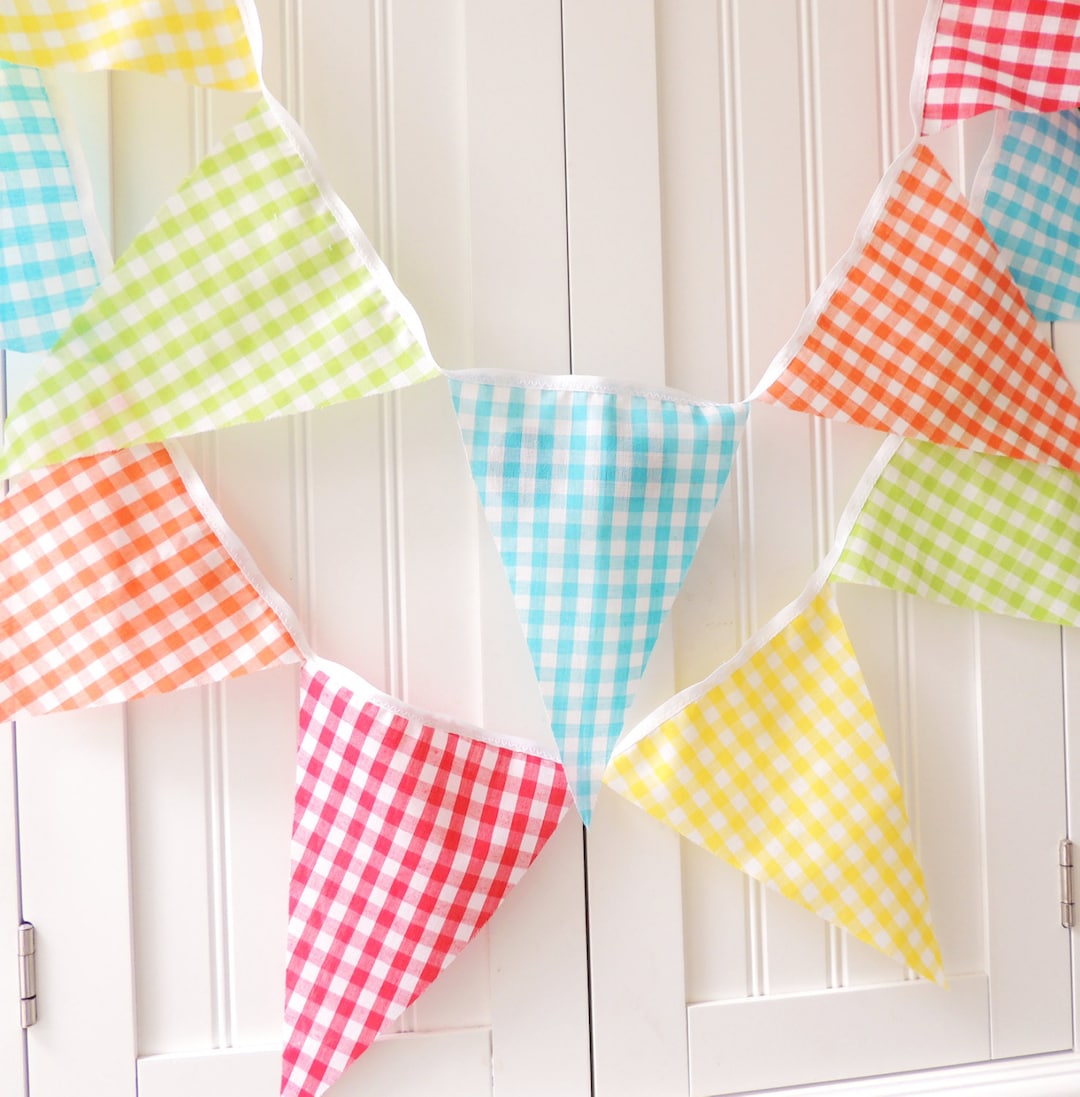 Gingham Banner, Bunting, Fabric Pennant Flags, Lime, Blue, Red, Orange ...