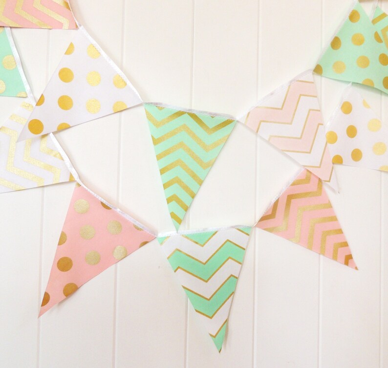 Metallic Gold Pink Mint Fabric Banner Bunting Pennant | Etsy