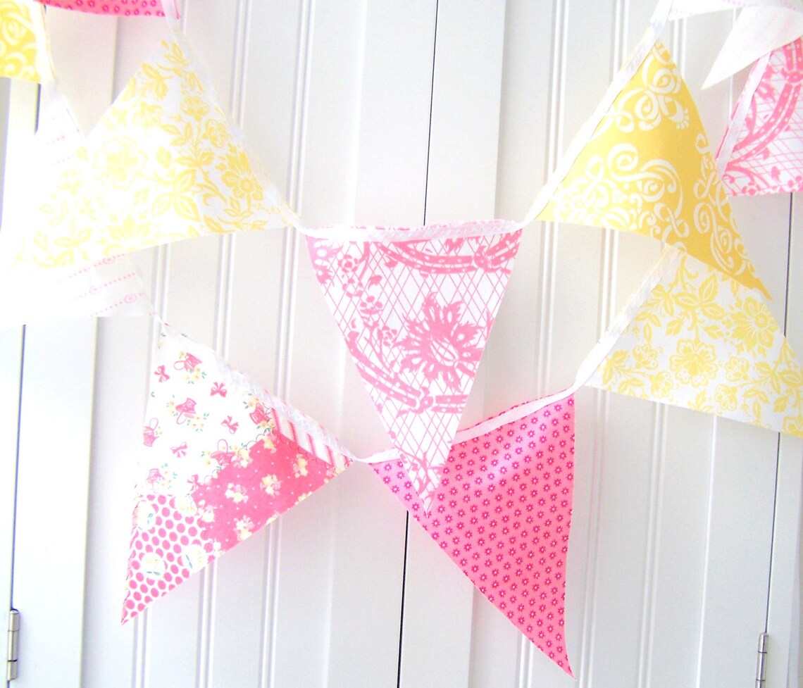 Shabby Chic Banner, Bunting, Fabric Pennant Flags, Baby Girl Nursery ...