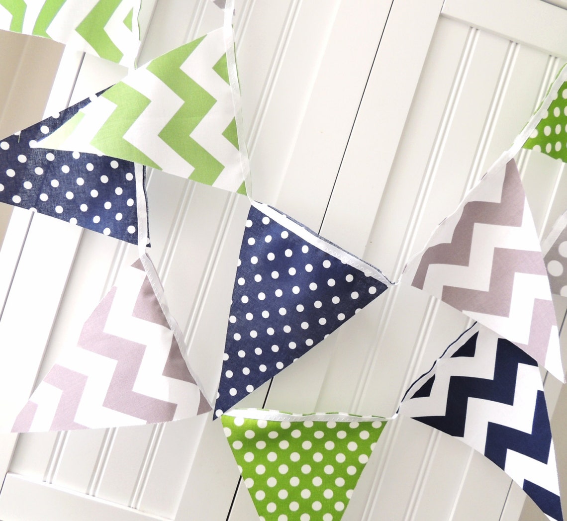 Bunting, Banner, Fabric Pennant Flags, Green, Navy Blue, Grey, Polka ...